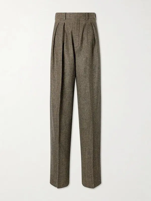 Saint Laurent Pleated Herringbone Wool-blend Straight-leg Trousers - Brown