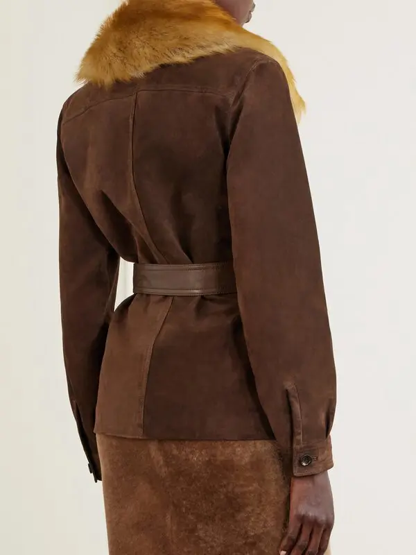 Saint Laurent Belted Shearling And Leather-trimmed Suede Jacket