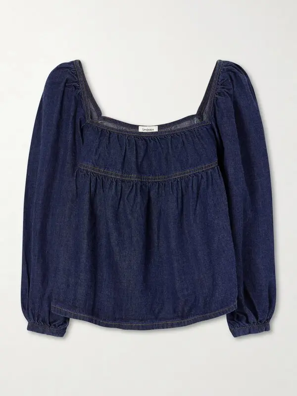 Saint Laurent Gathered Denim Blouse
