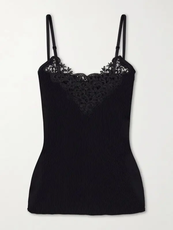 Saint Laurent Lace-trimmed Ribbed Silk Tank