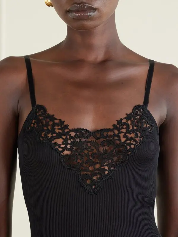 Saint Laurent Lace-trimmed Ribbed Silk Tank