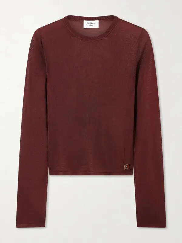 Saint Laurent Cassandre Embellished Knit T-shirt - Brown