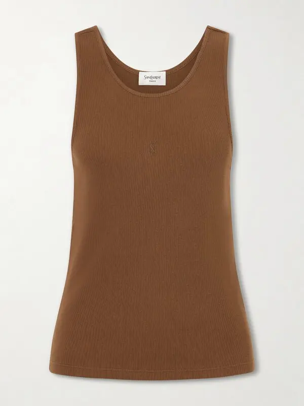 Saint Laurent Cassandre Embroidered Ribbed Cotton-jersey Tank - Brown