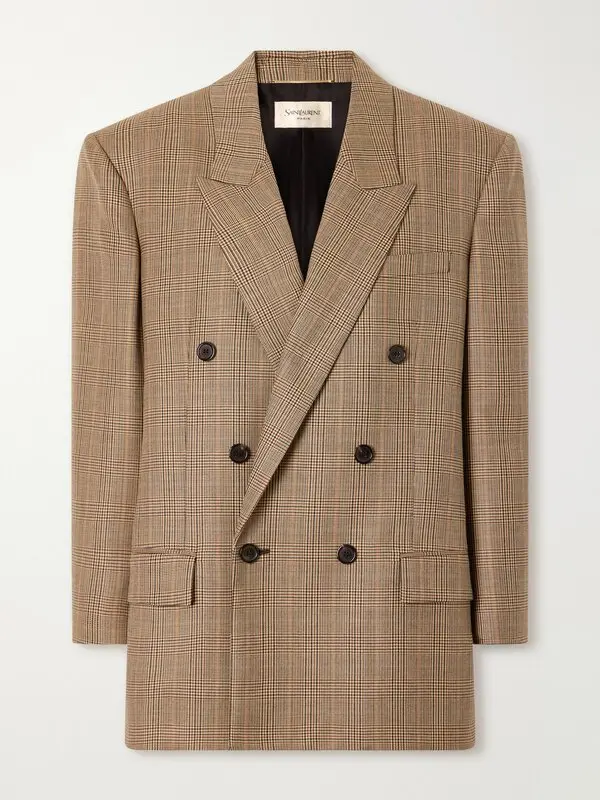 Saint Laurent Double-breasted Prince Of Wales Checked Wool Blazer - Brown