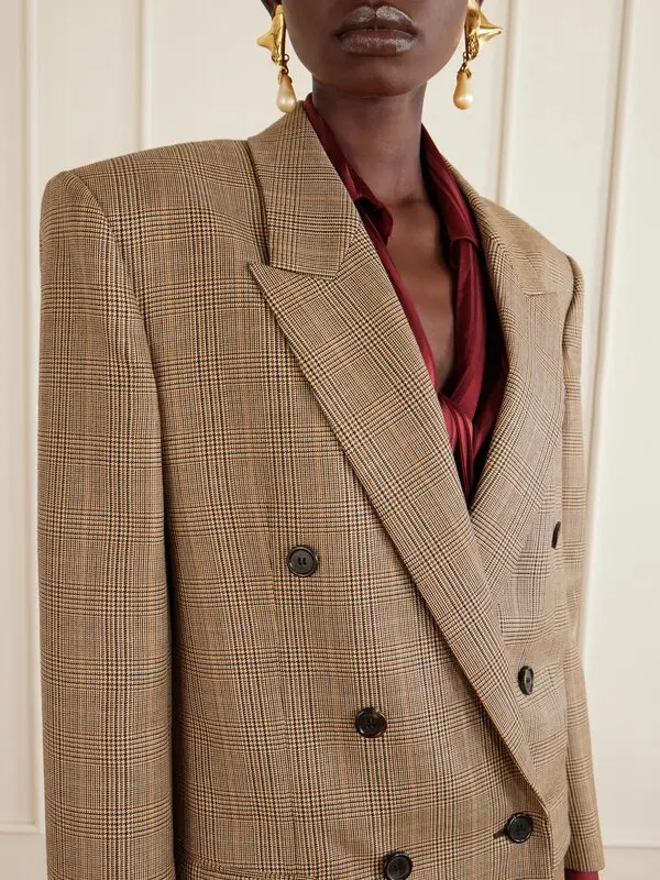 Saint Laurent Double-breasted Prince Of Wales Checked Wool Blazer - Brown