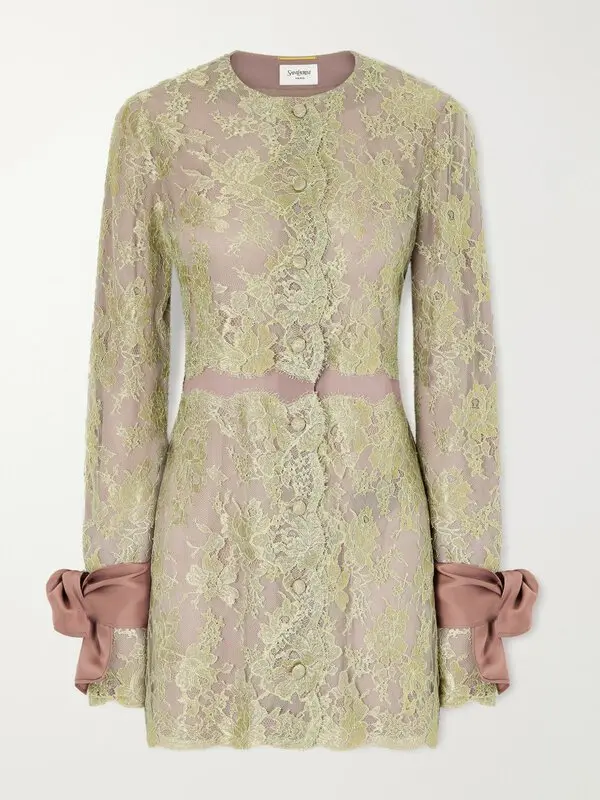 Saint Laurent Scalloped Satin-trimmed Metallic Lace And Crepe Mini Dress - Green