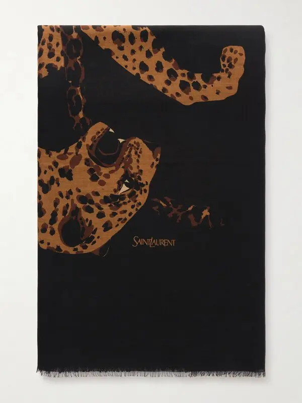 Saint Laurent Etolel-leopard Frayed Printed Wool-twill Scarf - Black