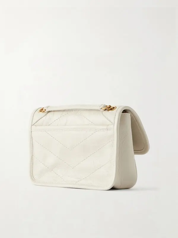 Saint Laurent Niki Mini Cassandre-embellished Crinkled-leather Shoulder Bag - White