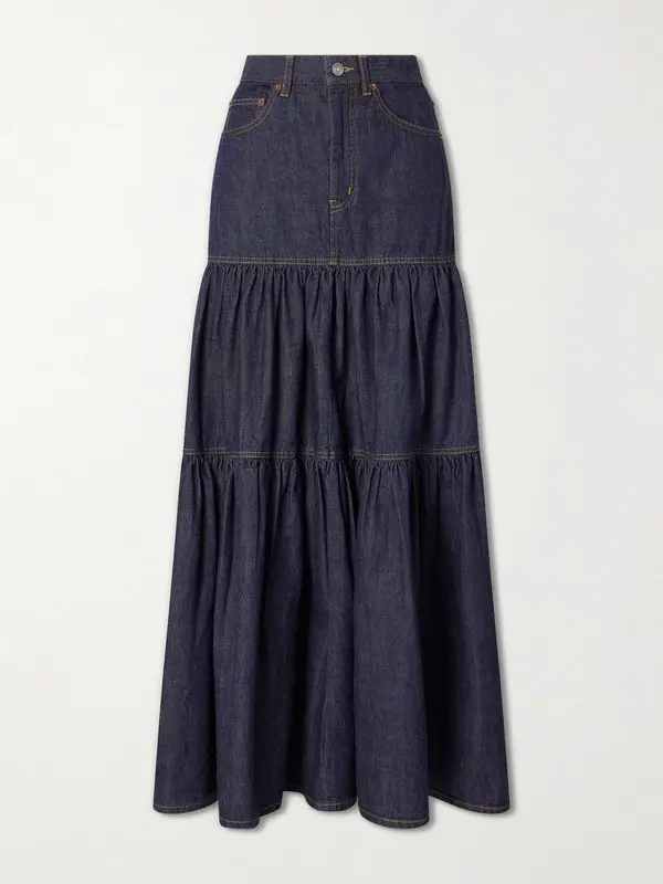 Saint Laurent Tiered Denim Maxi Skirt