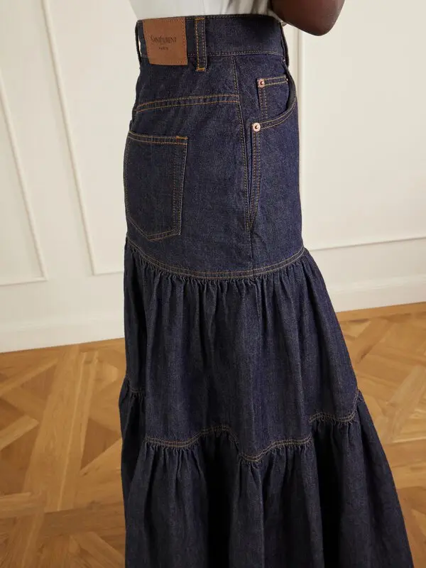 Saint Laurent Tiered Denim Maxi Skirt