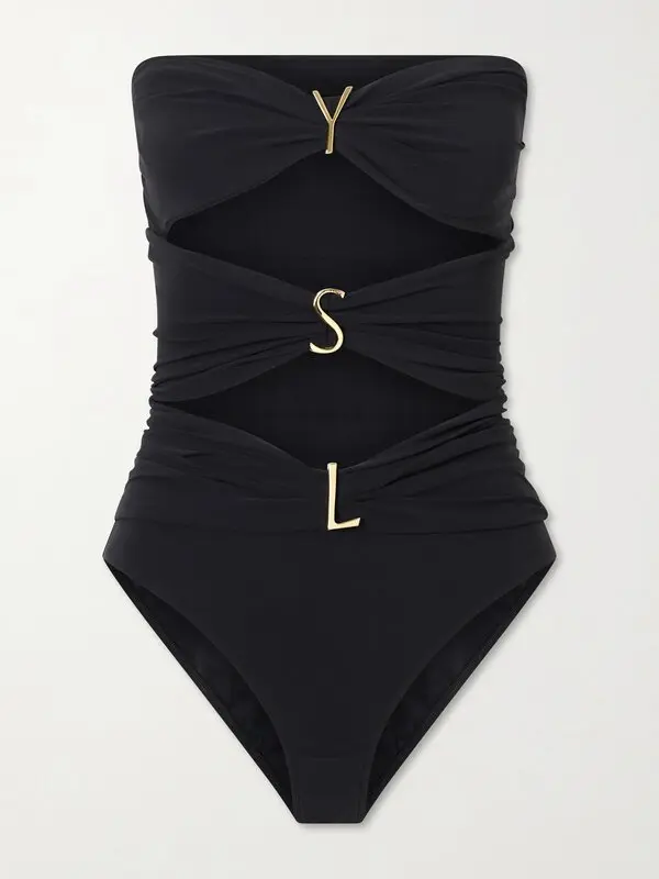 Saint Laurent Strapless Cut-out Gathered Embellished One Piece Swimsuit - Black