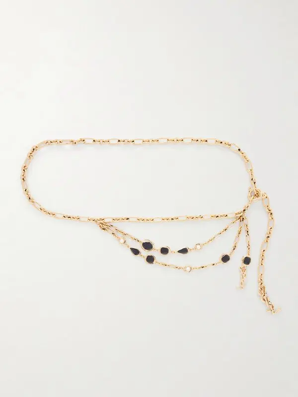 Saint Laurent Chain Link Belt With Onyx And Pearl Accents - Gold