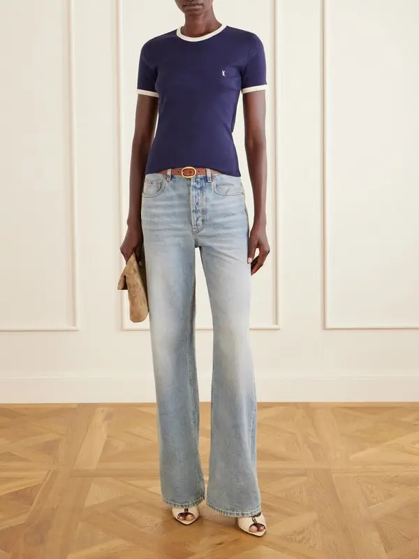 Saint Laurent Cotton Jersey T-shirt With Contrast Trims And Embroidered Logo