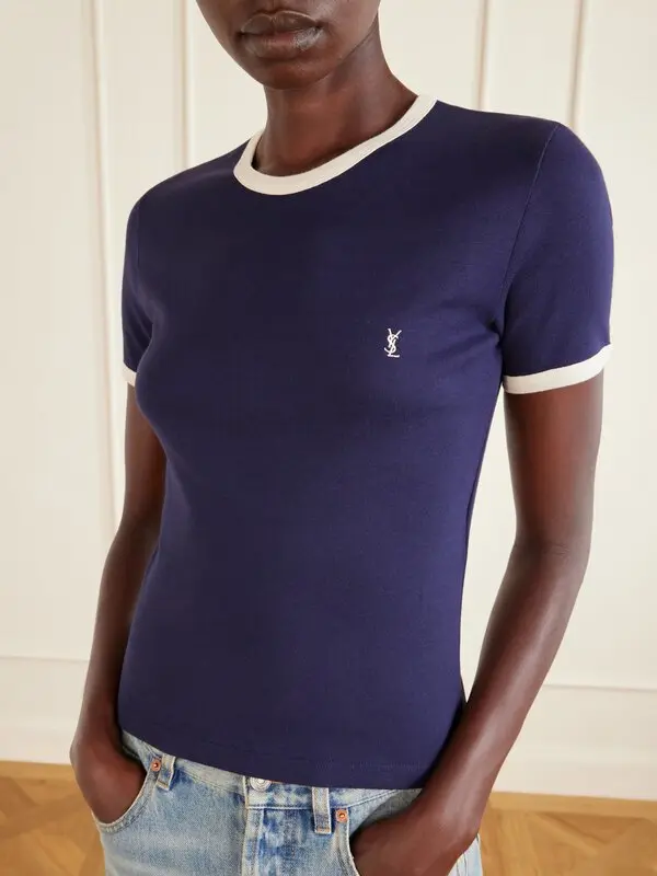 Saint Laurent Cotton Jersey T-shirt With Contrast Trims And Embroidered Logo