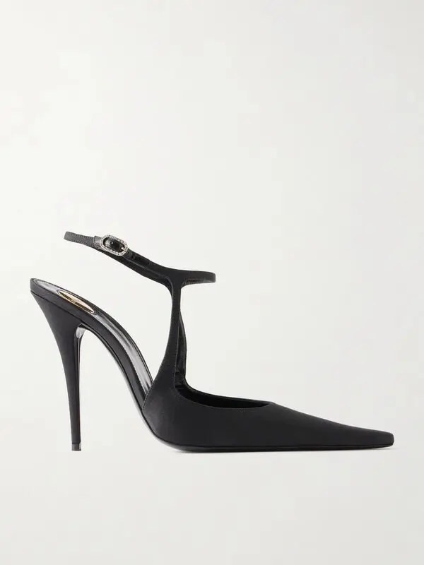 Saint Laurent Manon Crystal-embellished Shantung Point-toe Slingback Pumps