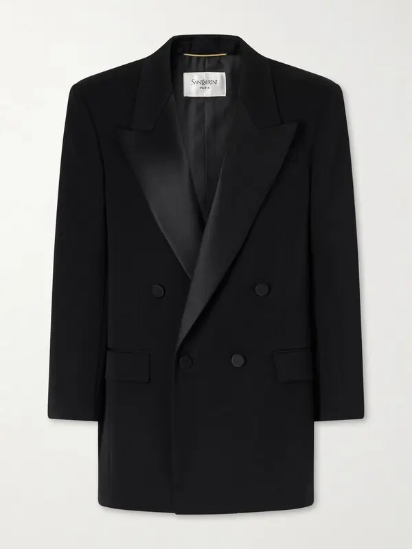 Saint Laurent Double-breasted Satin-trimmed Grain De Poudre Wool Blazer
