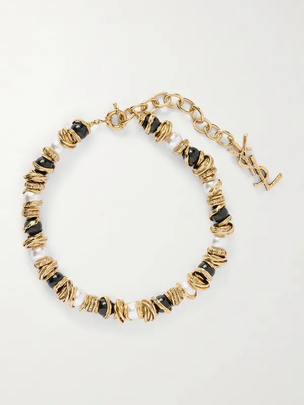 Saint Laurent Tone And Faux Pearl Beaded Bracelet
