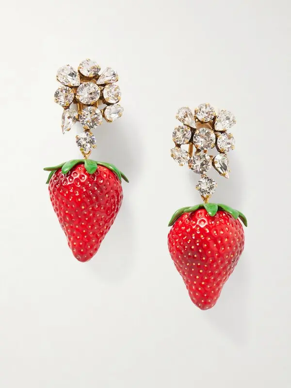 Saint Laurent Gold-tone Crystal And Resin Strawberry Drop Earrings - Red