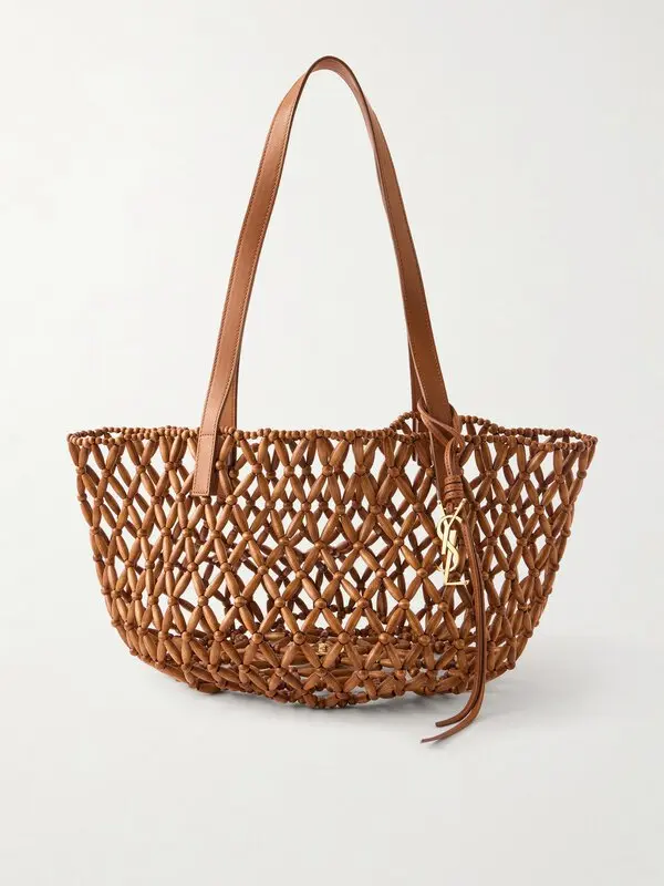 Saint Laurent Small Panier Woven Wood Bead Tote - Brown