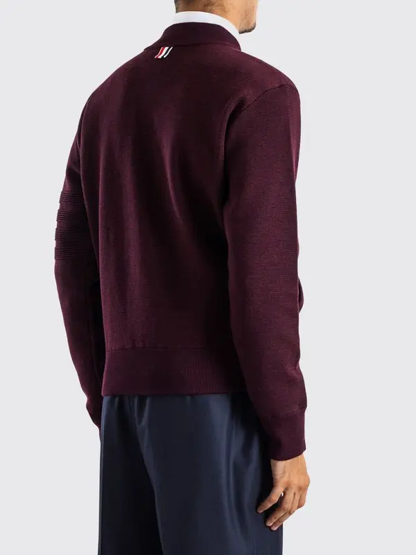 Thom Browne Wool Knit Zip-up Sweatshirt With Bomber Collar And 4-bar Motif - Burgundy