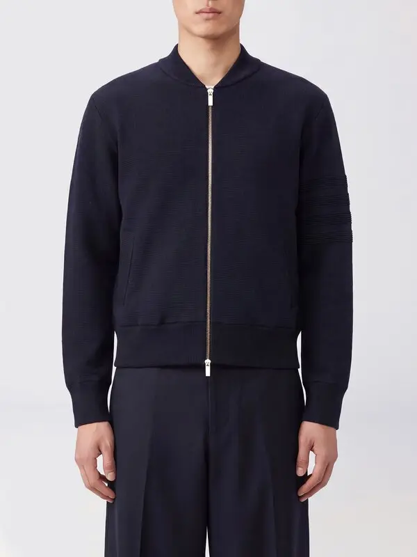 Thom Browne Wool Knit Zip-up Sweatshirt With Bomber Collar And 4-bar Motif - Navy