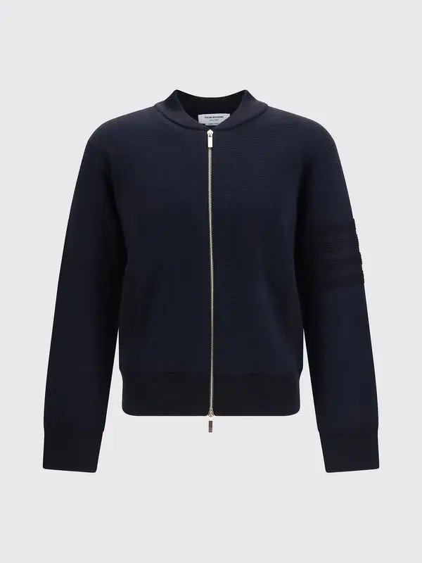 Thom Browne Wool Knit Zip-up Sweatshirt With Bomber Collar And 4-bar Motif - Navy