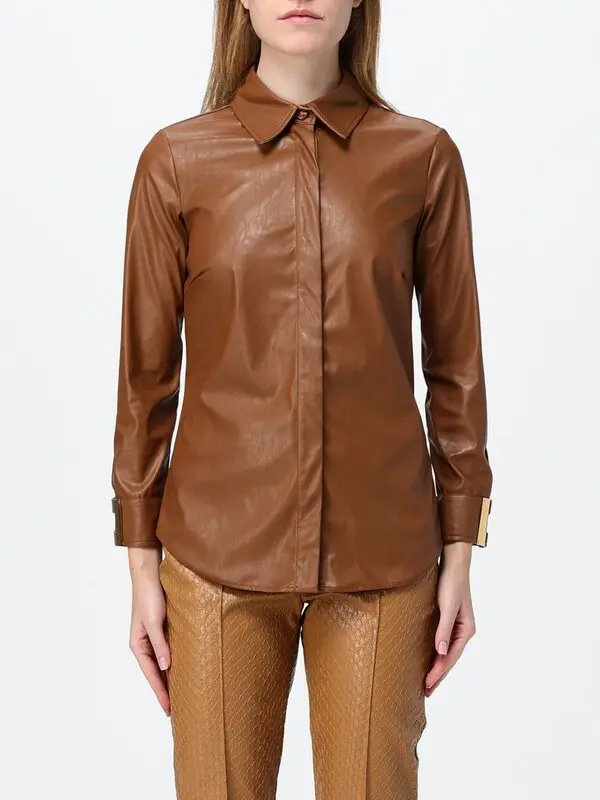 Elisabetta Franchi Faux Leather Shirt With Logo Detail Cuffs - Brown