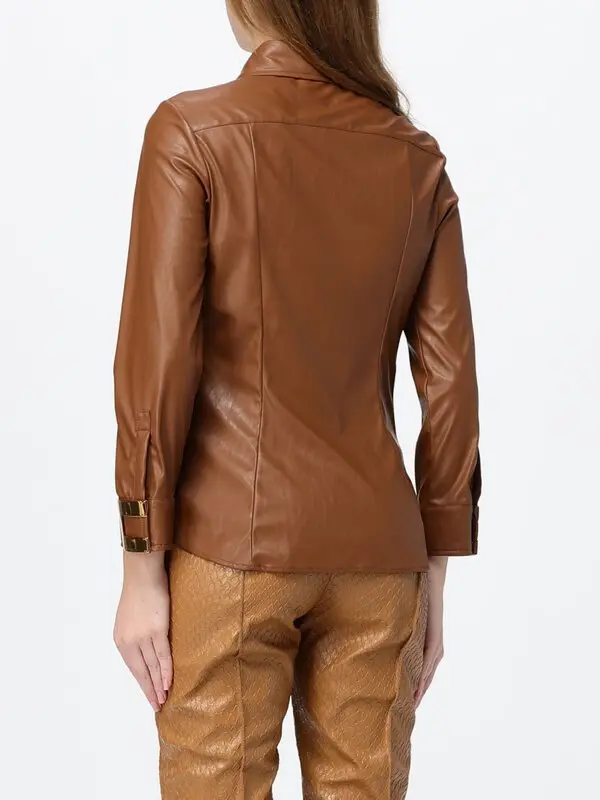 Elisabetta Franchi Faux Leather Shirt With Logo Detail Cuffs - Brown