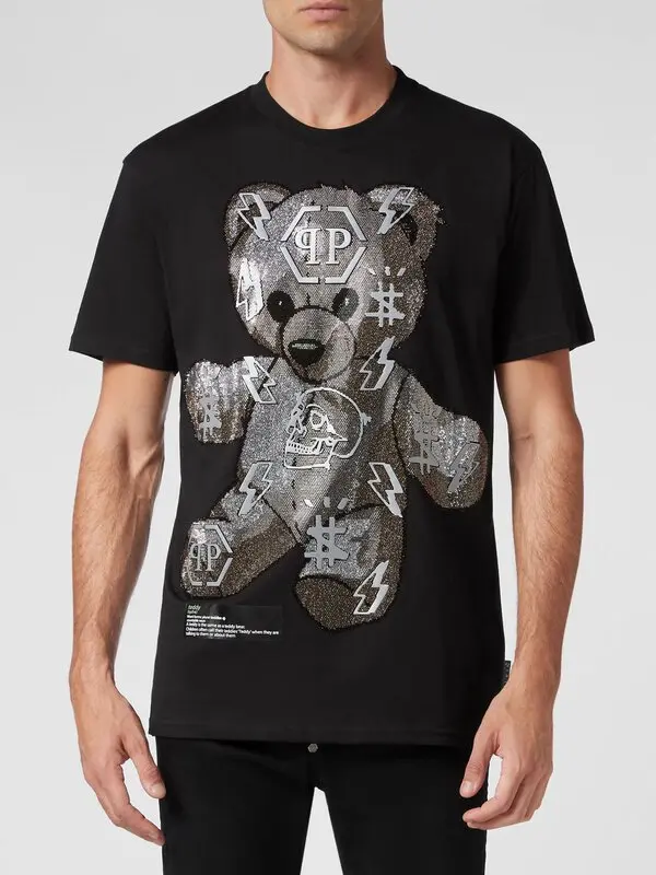 Philipp Plein Cotton T-shirt With Teddy Bear Print, Monogram And Rhinestones