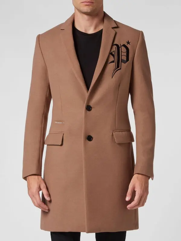 Philipp Plein Single-breasted Viscose Coat With Embroidered Logo