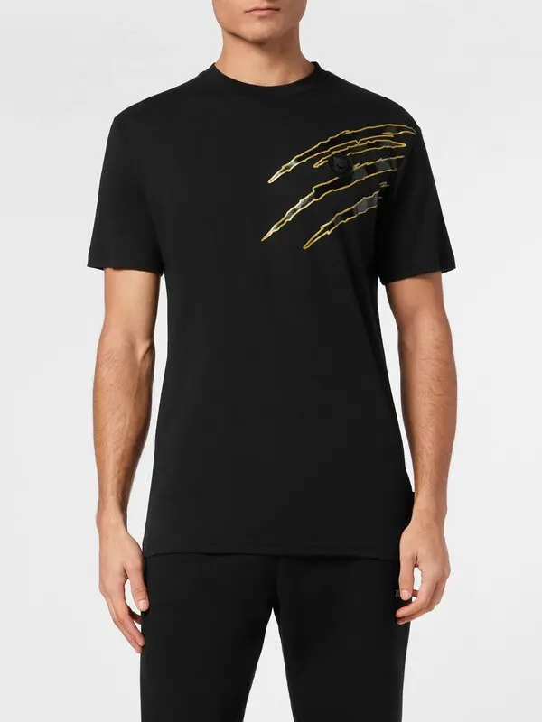 PLEIN SPORT Slim Fit Cotton T-shirt With Graphic Print And Dropped Shoulders - Black