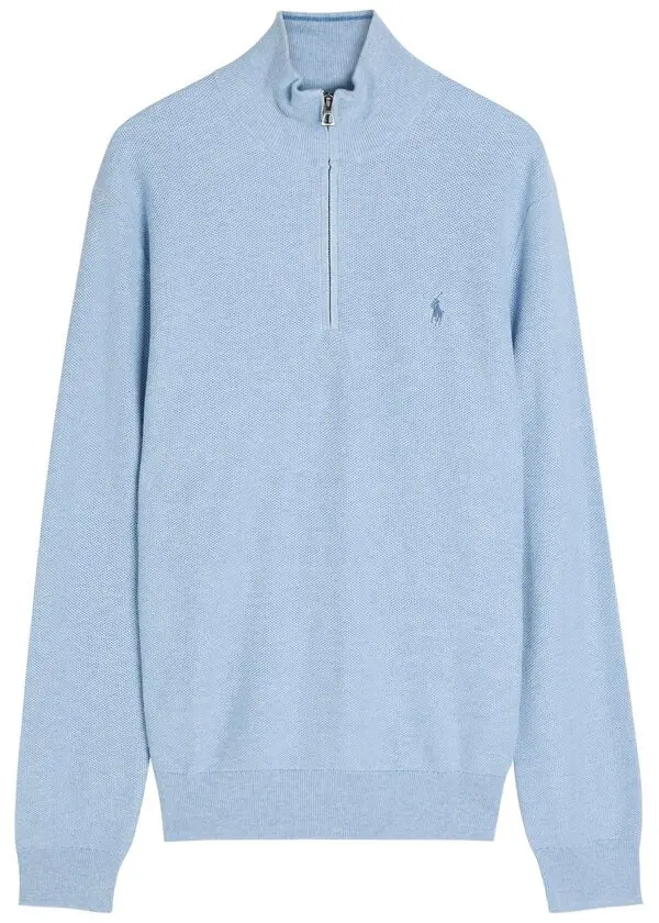 Polo Ralph Lauren Logo-embroidered Half-zip Piqué Cotton Jumper - Blue