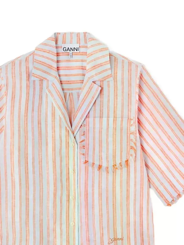 GANNI Striped Linen Shirt With Frayed Edges