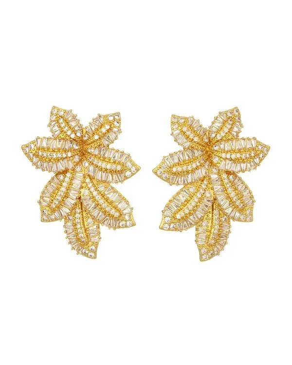 CRYSTALS AND CO Gold Crystal Leaf Earrings With Pave Baguette Cubic Zirconia - Yellow