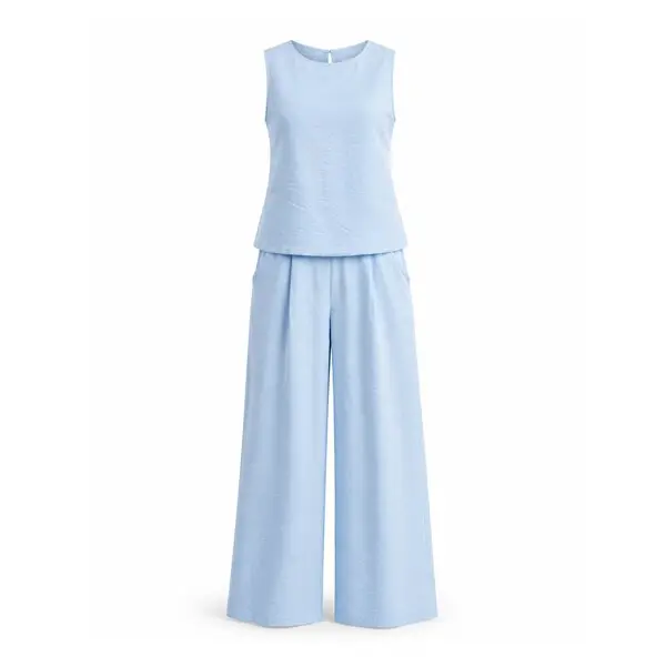 OH!ZUZA NIGHT&DAY Matte Viscose Top & Wide-leg Trousers Set - Blue