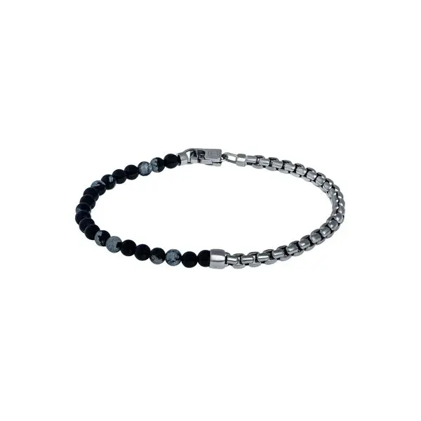 Tateossian Silver / Blue Sennit Beaded Box Chain Bracelet In Black Snowflake Obsidian - Silver/blue