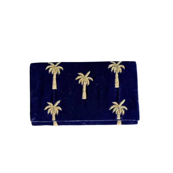 PICK HAPPY Beaded Palm Tree Velvet Mini Clutch - Blue