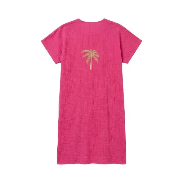 CASA DUNIYA Hot Cotton Gold Palm Embroidery Soleil Swimsuit Cover-up - Pink