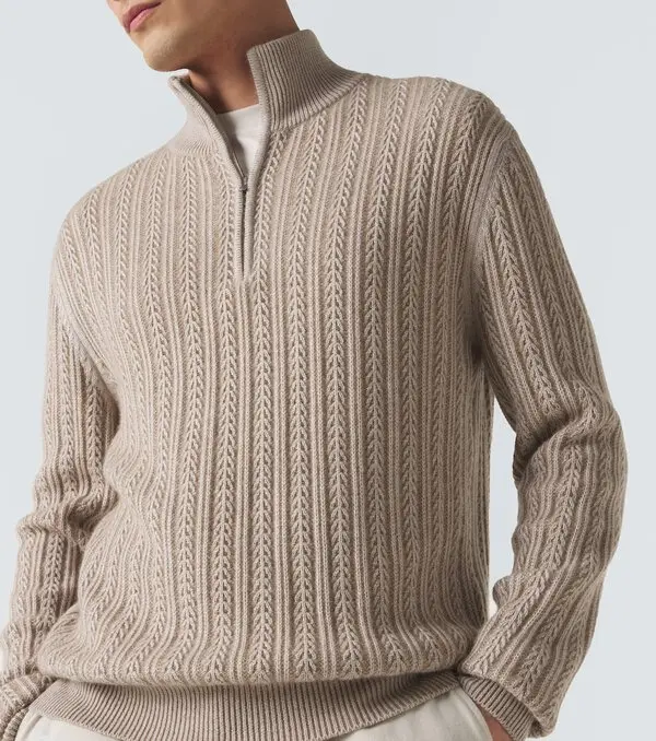 Agnona Cashmere, Wool, And Silk Half-zip Sweater - Beige