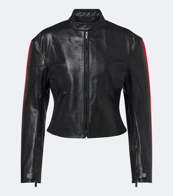 Gucci Web Stripe Leather Biker Jacket