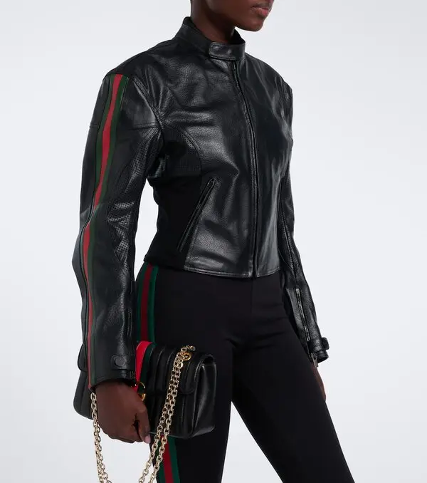 Gucci Web Stripe Leather Biker Jacket