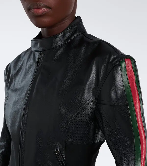 Gucci Web Stripe Leather Biker Jacket