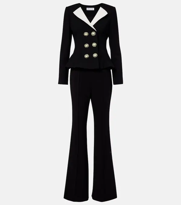 SELF-PORTRAIT Peplum Crepe Flared Jumpsuit - Black