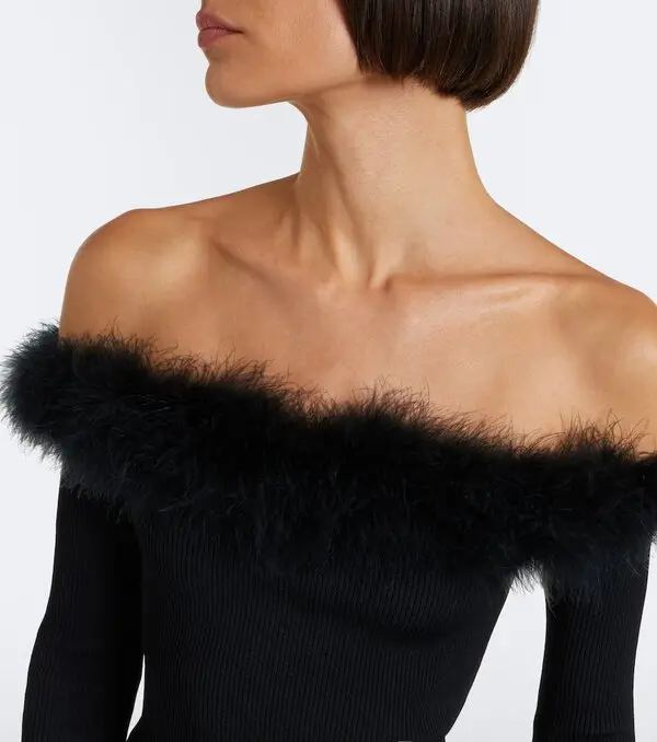 Gucci Feather-trimmed Ribbed-knit Top