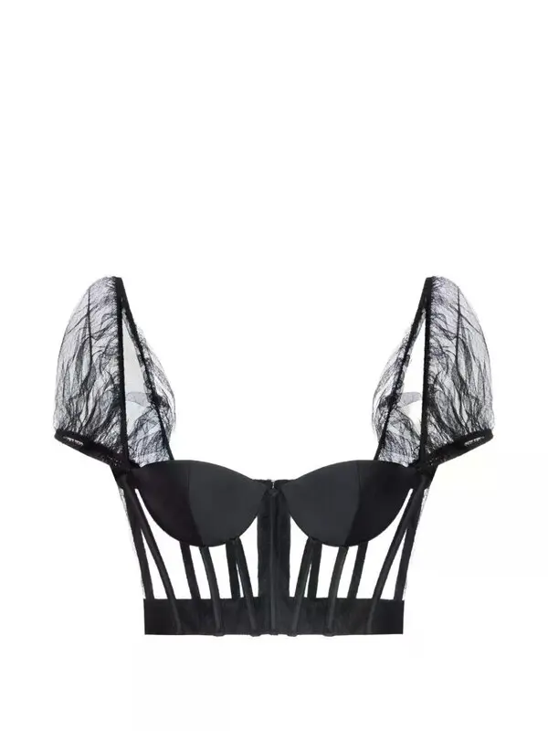 Elisabetta Franchi Mesh And Gazar Bustier Top With Puffy Sleeves - Black