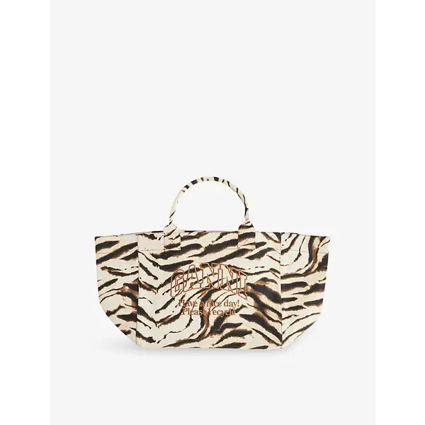 GANNI Zebra Print Cotton Shopper Tote Bag - Egret