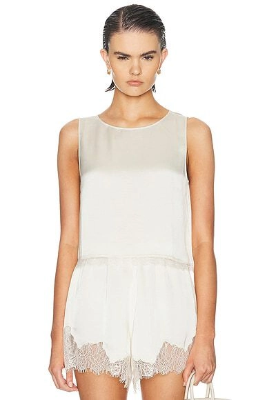 LESET Barb Lace Crop Sleeveless Crew Top - Creme