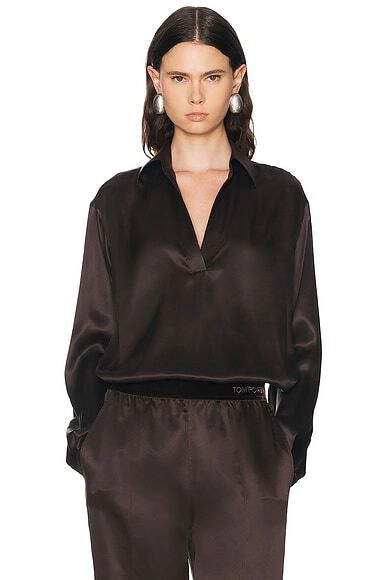 TOM FORD Silk Satin Polo Top - Espresso