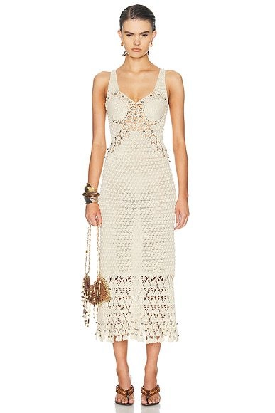 Rabanne Sleeveless Crochet Midi Dress With Plastic Embellishments - Ecru