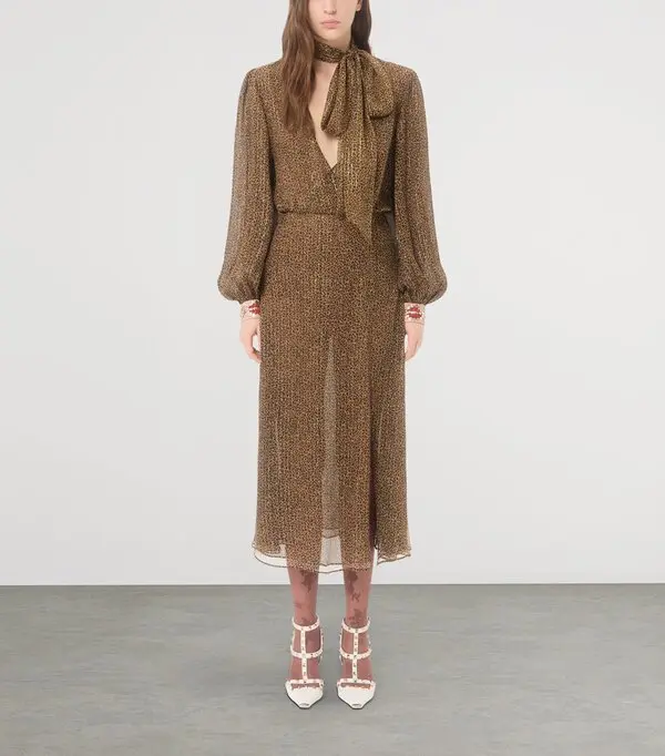 Valentino Garavani Leopard Print Silk-blend Midi Dress With Embellished Cuffs